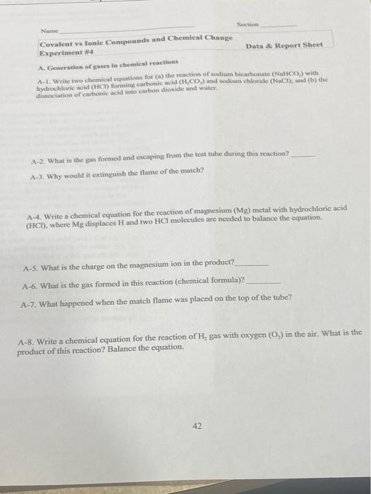 Solved Name Section Covalent vs Tonic Compounds and Chemical | Chegg.com