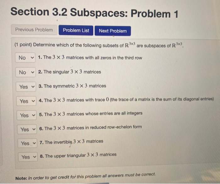 Solved Section 3.2 Subspaces: Problem 1 Previous Problem | Chegg.com