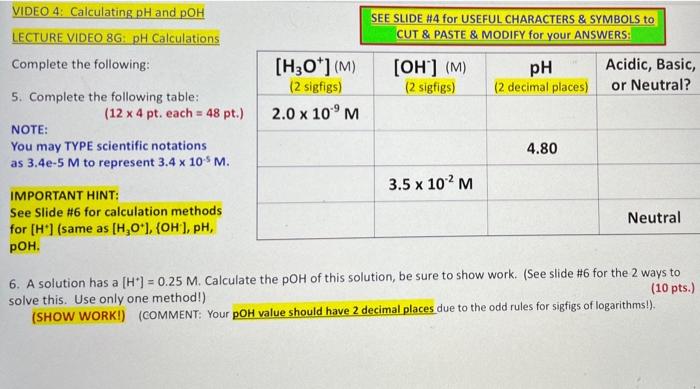 Solved VIDEO 4: Calculating pH and pOH LECTURE VIDEO 8G: pH | Chegg.com