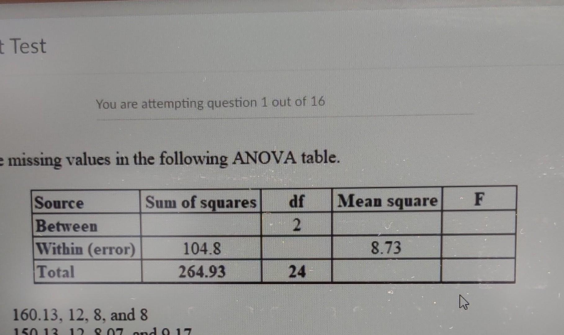 Solved You are attempting question 1 out of 16 missing | Chegg.com