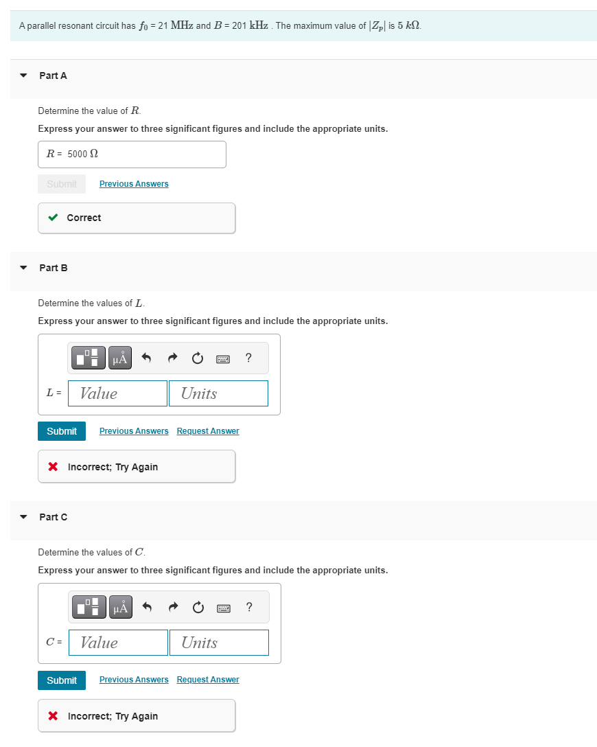 Solved PART B & C ...............A parallel resonant circuit | Chegg.com