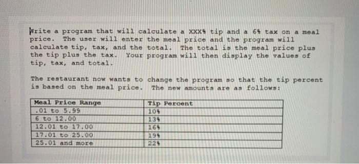 Solved þrite a program that will calculate a Xxx4 tip and a | Chegg.com