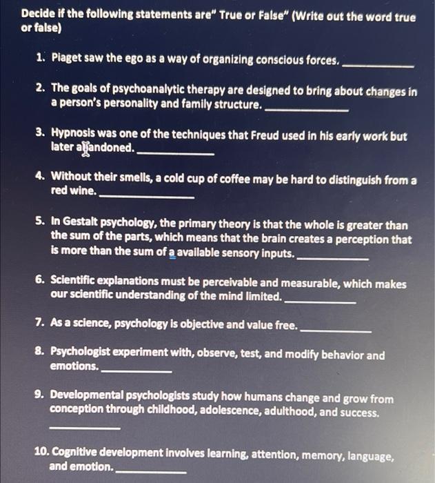 Solved Decide if the following statements are" True or | Chegg.com