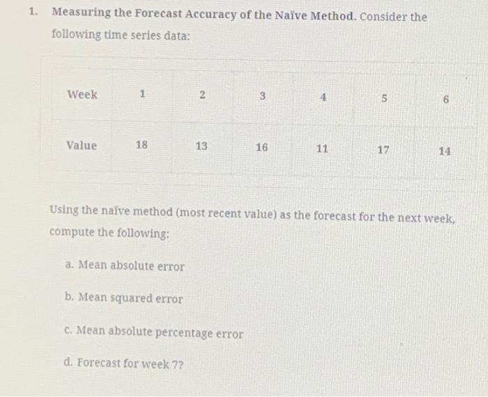 Solved 1. Measuring the Forecast Accuracy of the Naive | Chegg.com Solved 1. Measuring the Forecast Accuracy of the Naive | Chegg.com