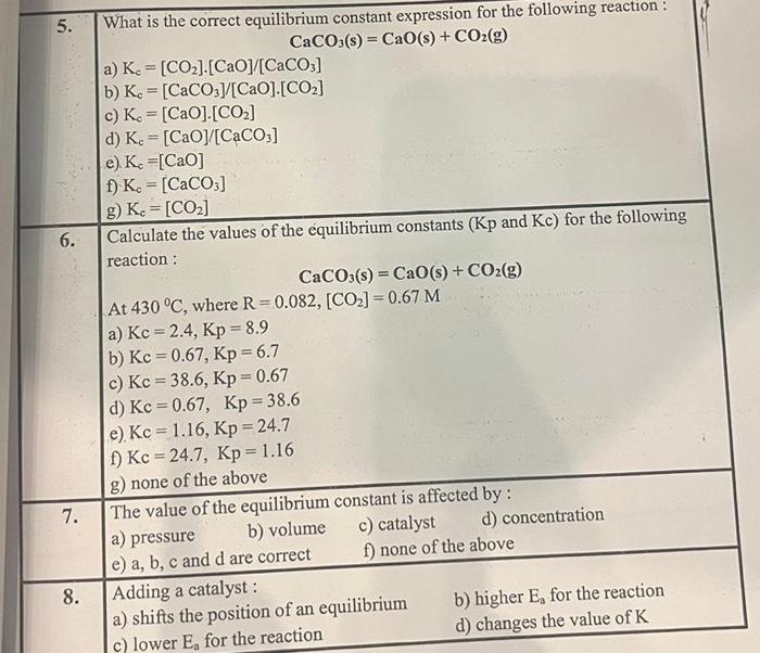 Solved What is the correct equilibrium constant expression | Chegg.com