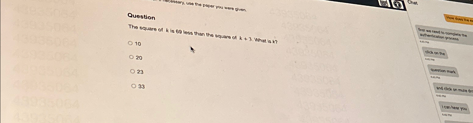Solved ChatQuestionThe square of k ﻿is 69 ﻿less than the | Chegg.com