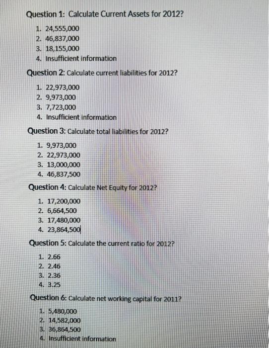 Solved Question 1: Calculate Current Assets for 2012? 1. | Chegg.com