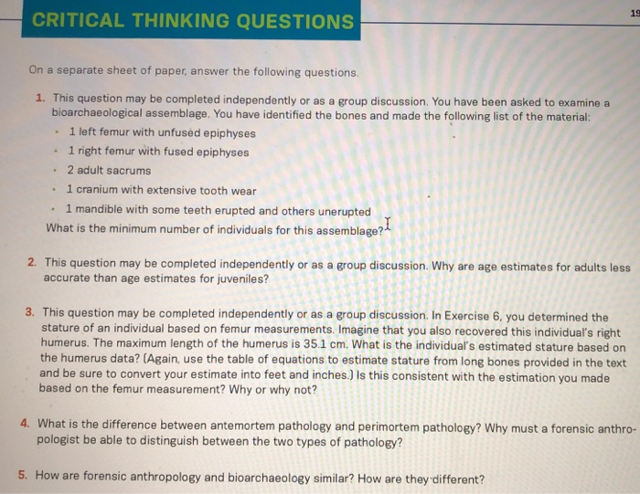 Solved CRITICAL THINKING QUESTIONS On a separate sheet of | Chegg.com