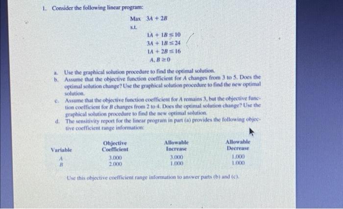 Solved 1. Consider the following linear program: Max 3A + 28 | Chegg.com