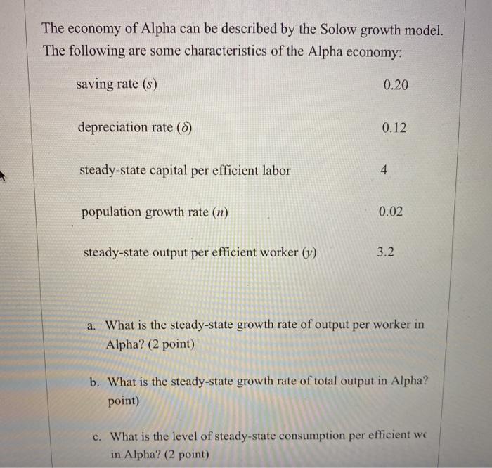 Solved The economy of Alpha can be described by the Solow | Chegg.com