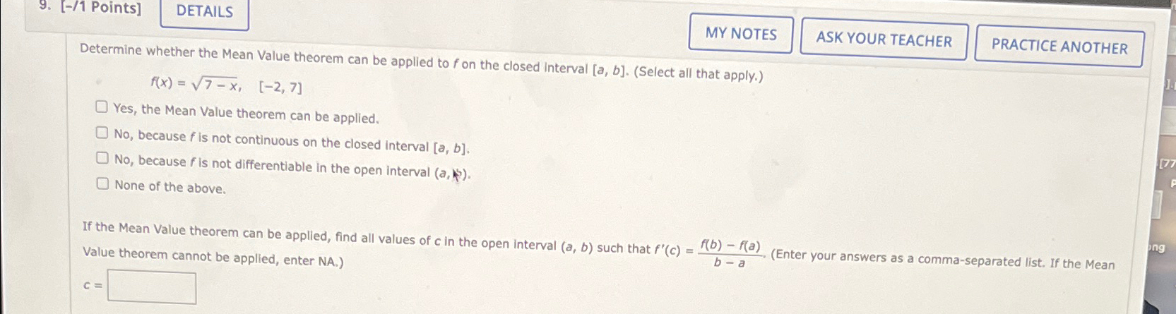 Solved [-/1 ﻿Points]Determine whether the Mean Value theorem | Chegg.com