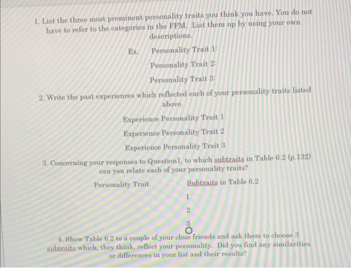 Solved 1. List the three most prominent personality traits | Chegg.com