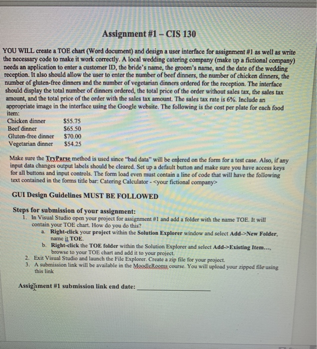 Assignment #1 - CIS 130 YOU WILL create a TOE chart | Chegg.com