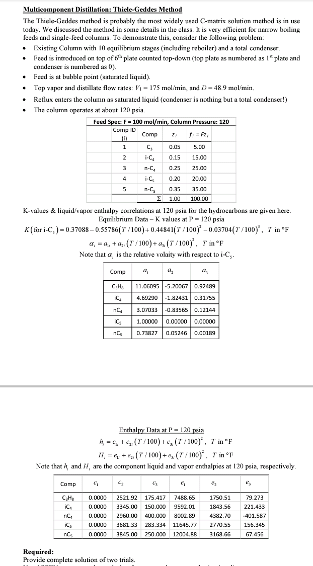 . Multicomponent Distillation: Thiele-Geddes Method | Chegg.com