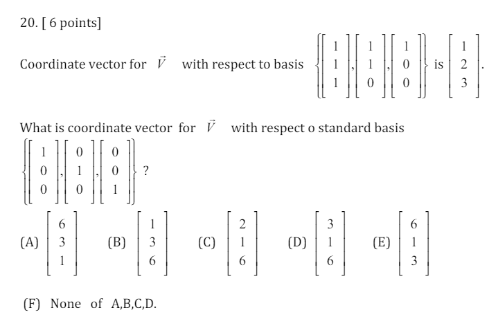 Solved [6 ﻿points]Coordinate vector for vec(V), ﻿with | Chegg.com