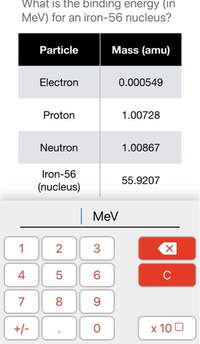 Solved What is the binding energy in MeV) for an iron-56 | Chegg.com
