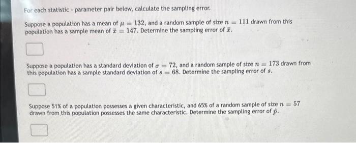 Solved For each statistic - parameter pair below, calculate | Chegg.com