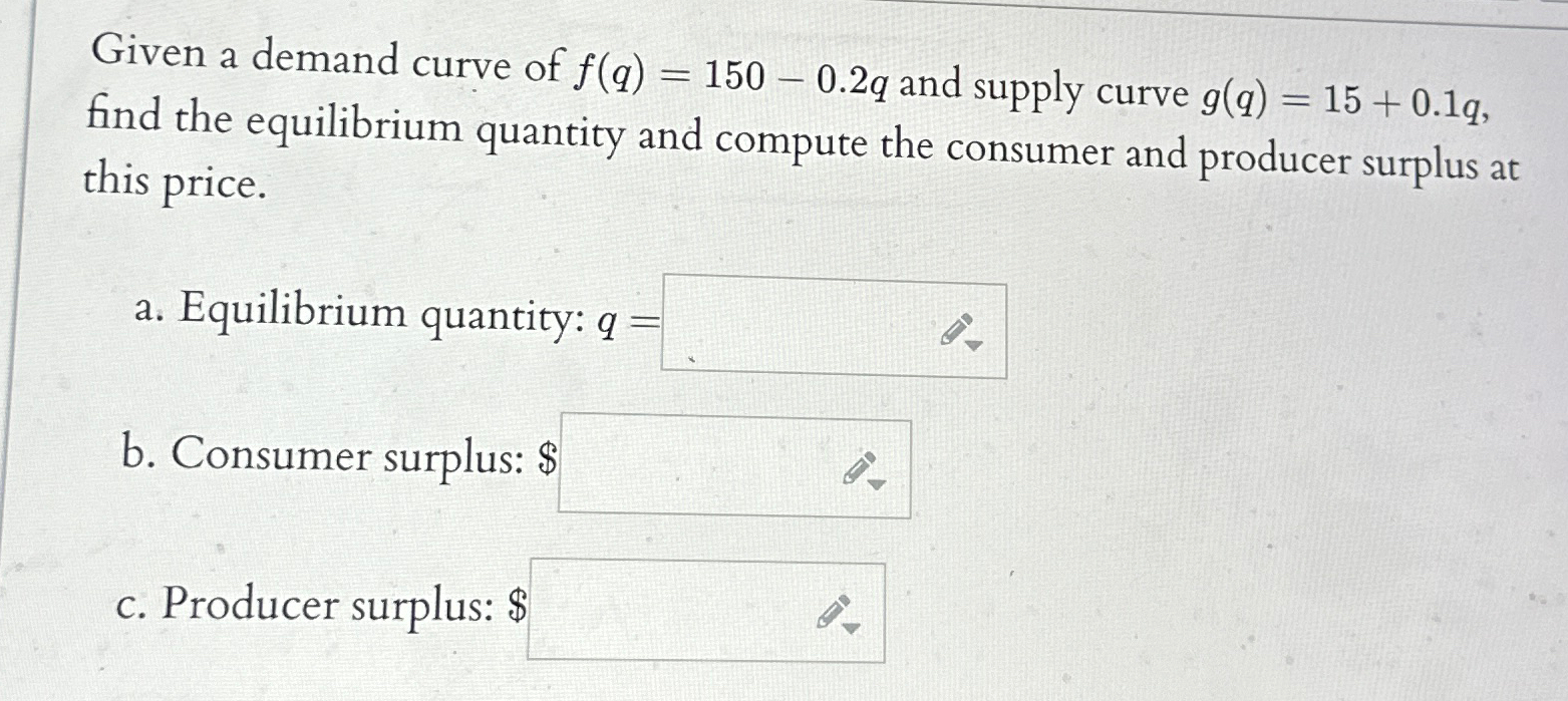Solved Given a demand curve of f(q)=150-0.2q ﻿and supply | Chegg.com