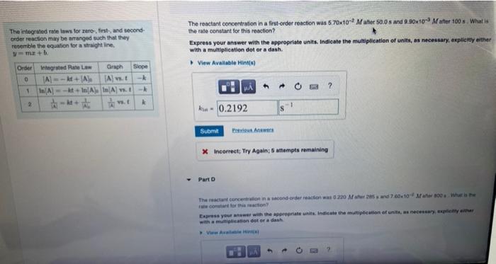 Solved The integrated rate laws for zero, first, and second | Chegg.com