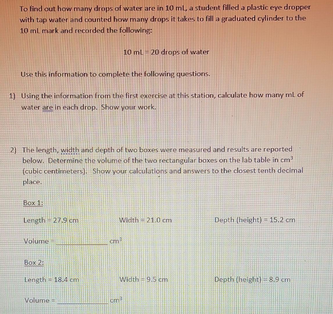 Solved To find out how many drops of water are in \\( 10 | Chegg.com