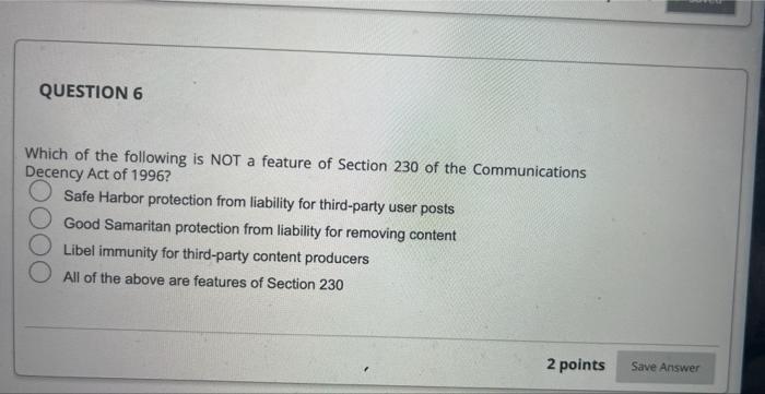 QUESTION 6 Which of the following is NOT a feature of | Chegg.com
