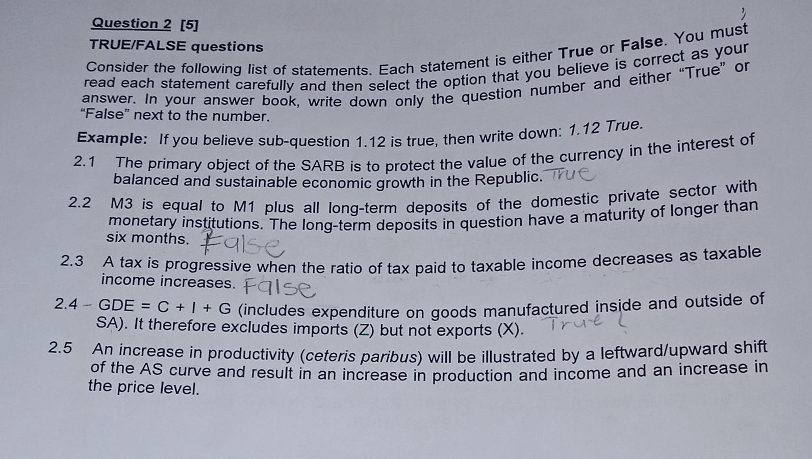 Solved Question 2 [5] TRUE/FALSE questions Consider the | Chegg.com
