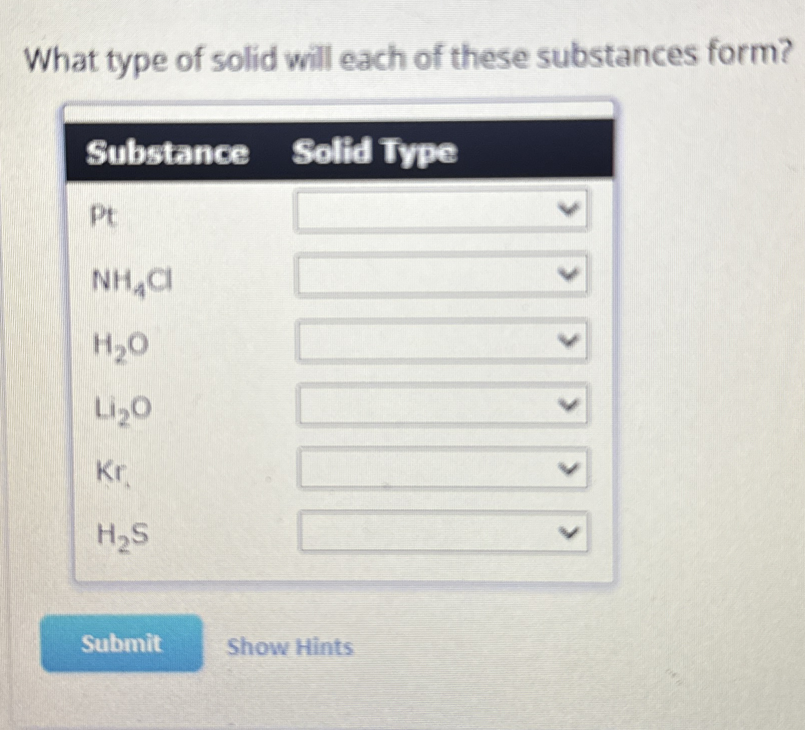 Solved What type of solid will each of these substances | Chegg.com