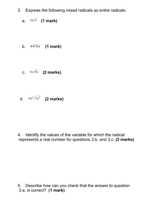 Solved 3. Express the following mixed radicals as entire | Chegg.com