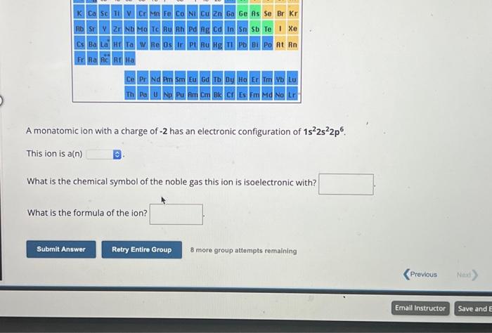 Solved A monatomic ion with a charge of -2 has an electronic | Chegg.com