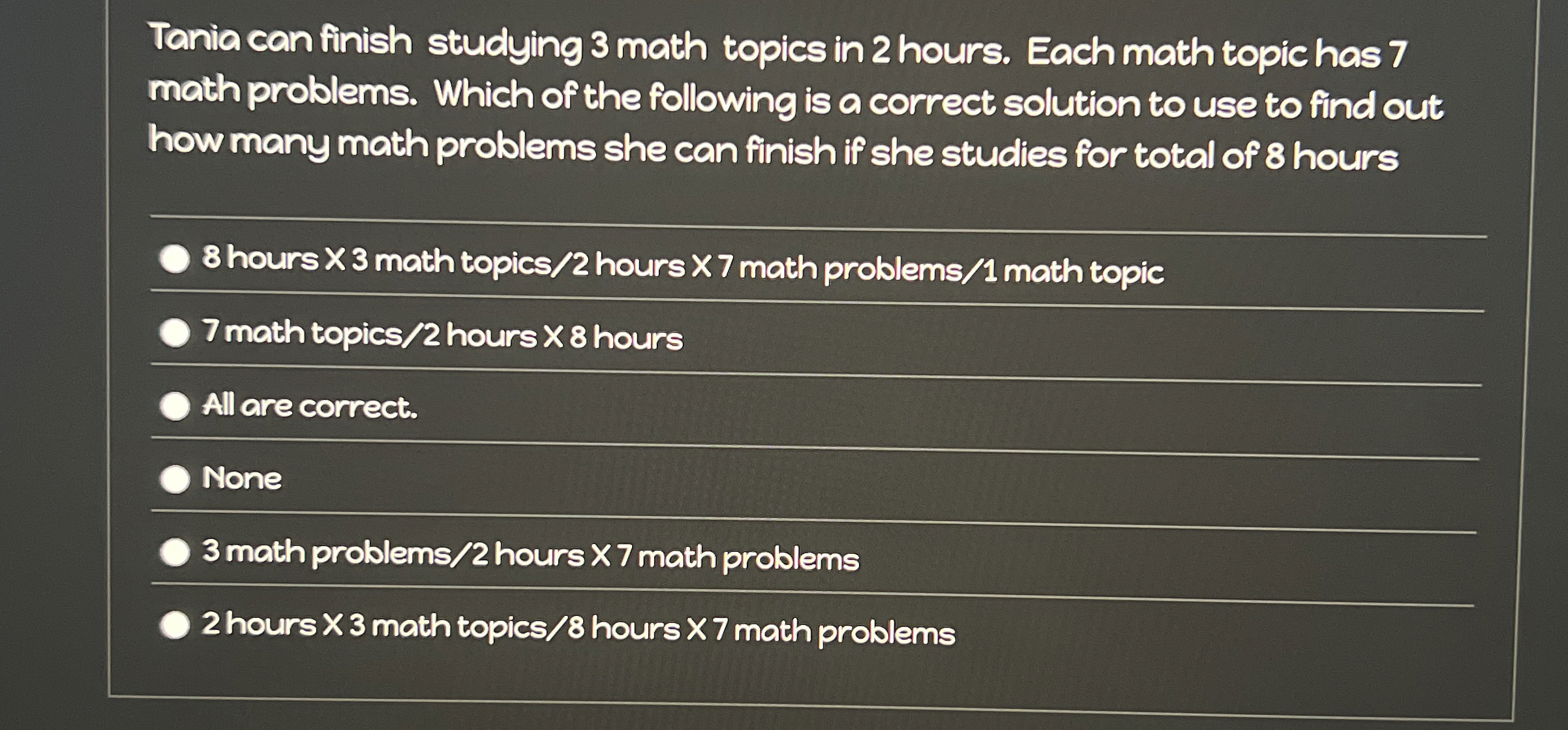 Solved Tania can finish studying 3 ﻿math topics in 2 ﻿hours. | Chegg.com