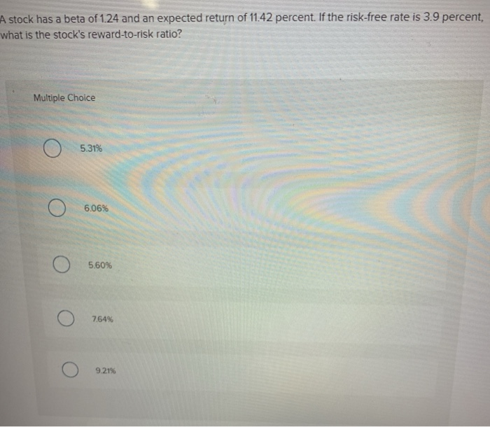 Solved A stock has a beta of 1.24 and an expected return of | Chegg.com