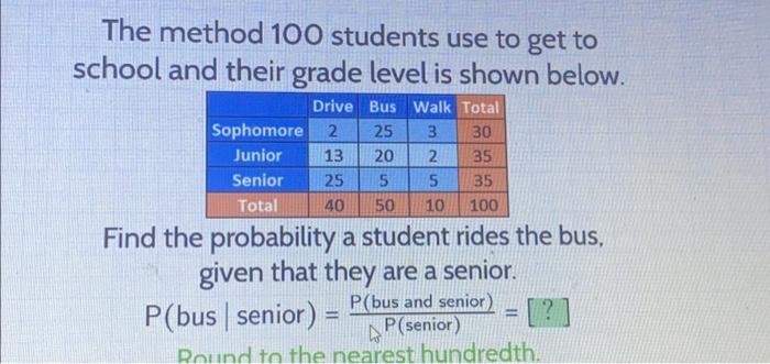 Solved The method 100 students use to get to school and | Chegg.com