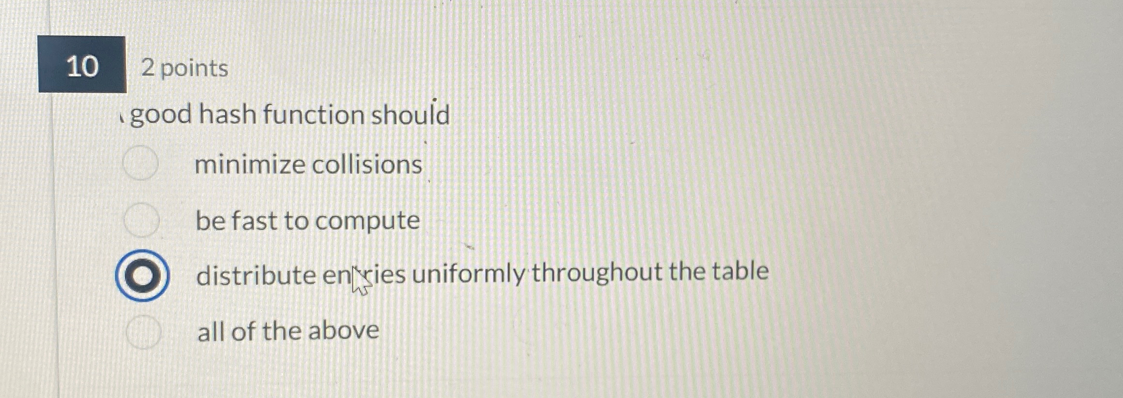Solved 102 ﻿pointsigood hash function shouldminimize | Chegg.com