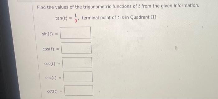 Solved Find the Value of the trigonoemtric functions of T | Chegg.com