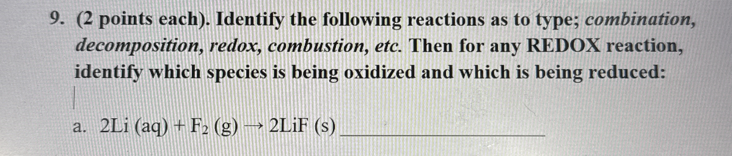 Solved (2 ﻿points each). ﻿Identify the following reactions | Chegg.com