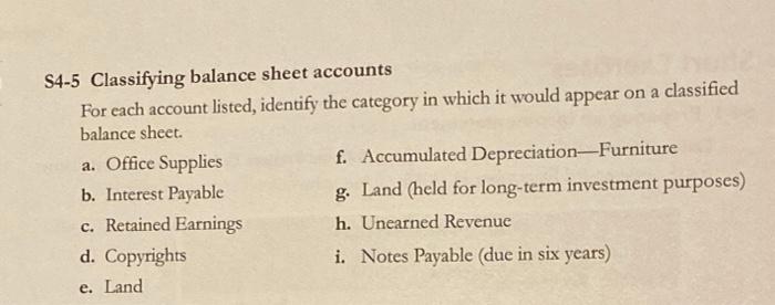Solved S4-5 Classifying balance sheet accounts For each | Chegg.com