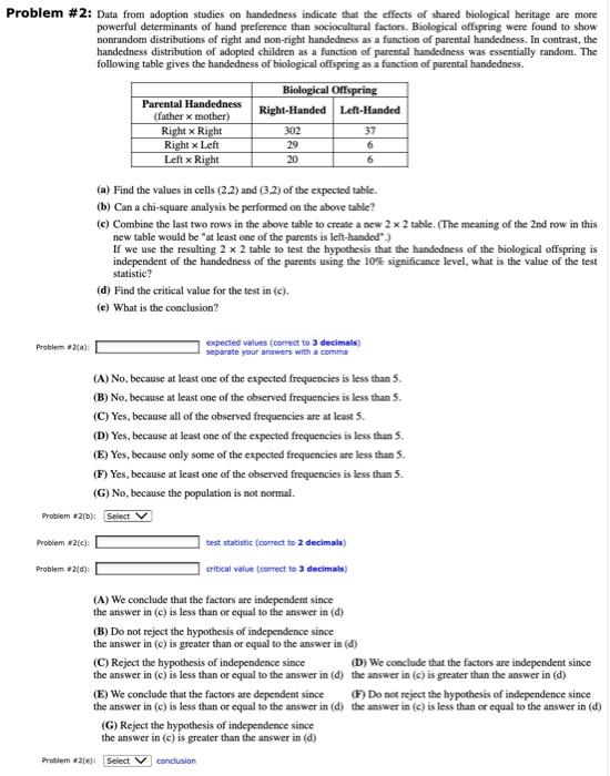 Solved blem \# 2: Data from adoption studies on handedness | Chegg.com