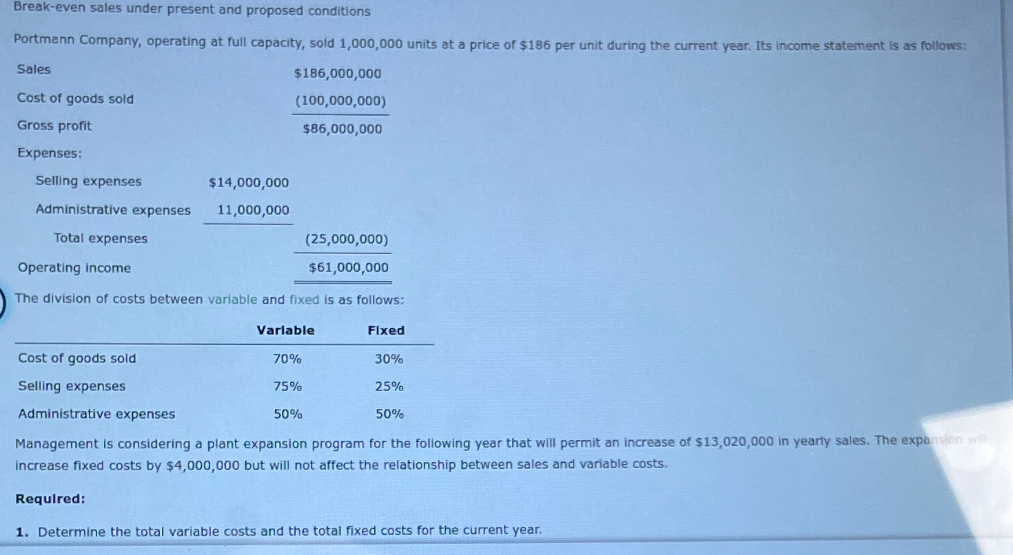 Solved Break-even sales under present and proposed | Chegg.com