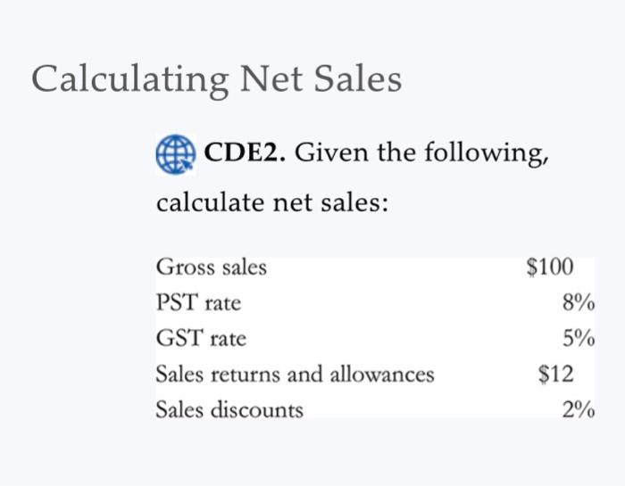 Solved Calculating Net Sales CDE2. Given the following, | Chegg.com