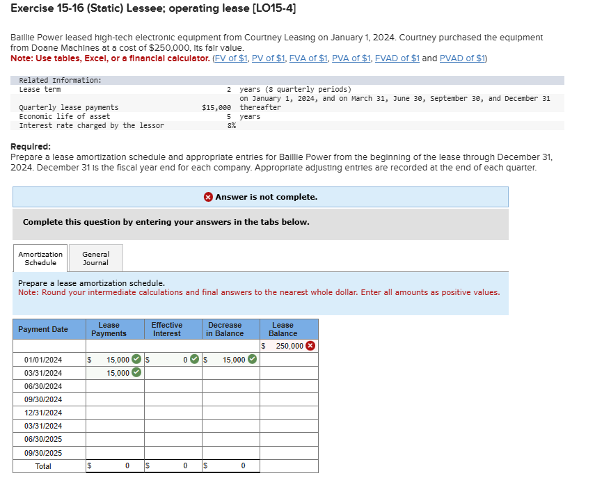 Solved Exercise 15-16 (Static) ﻿Lessee; operating lease | Chegg.com