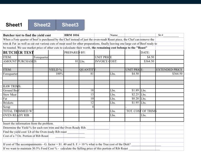 Solved Sheet1 Sheet2 Sheet3 Butcher test to find the yield | Chegg.com