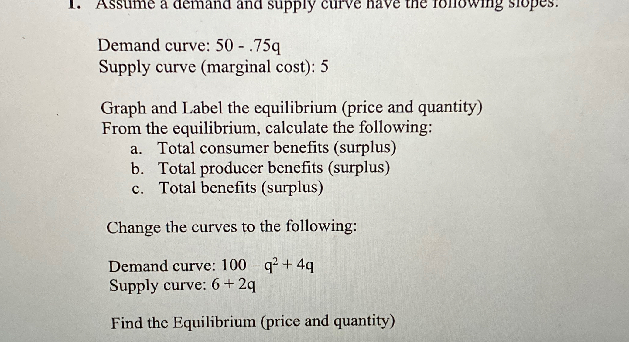 Solved Demand curve: 50 - . 75qSupply curve (marginal cost): | Chegg.com