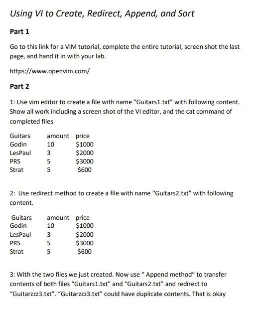 Solved Using Vi To Create Redirect Append And Sort Part 1