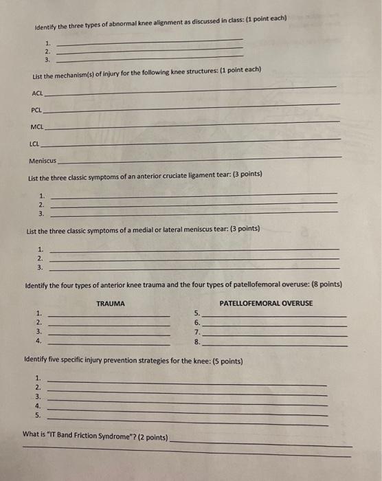 Solved Identify the three types of abnormal knee alignment | Chegg.com