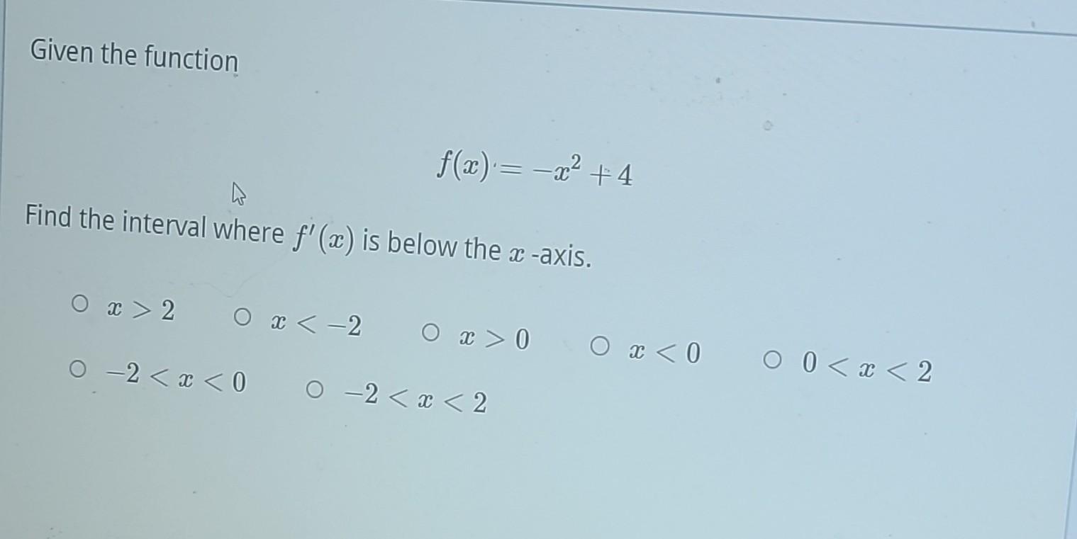 Solved Given the function f(x)=−x2+4 Find the interval where | Chegg.com