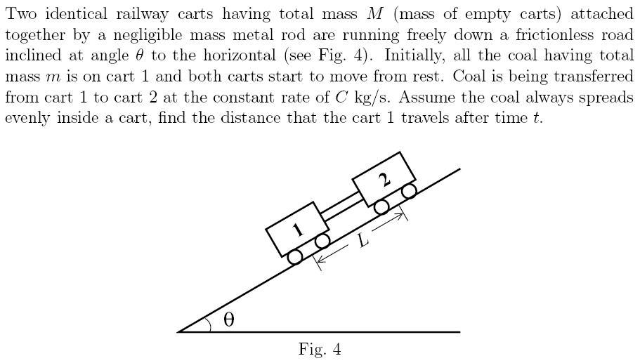 Solved Two identical railway carts having total mass M (mass | Chegg.com