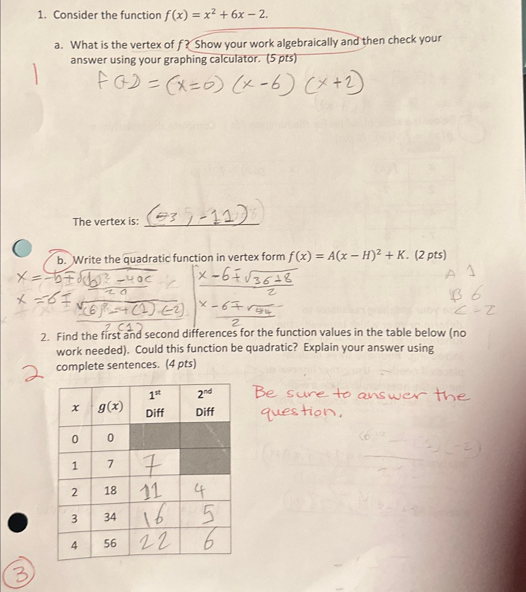 Solved Consider the function f(x)=x2+6x-2.a. ﻿What is the | Chegg.com