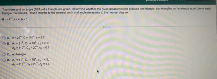 Solved Two sides and an angle (SSA) of a triangle are given. | Chegg.com