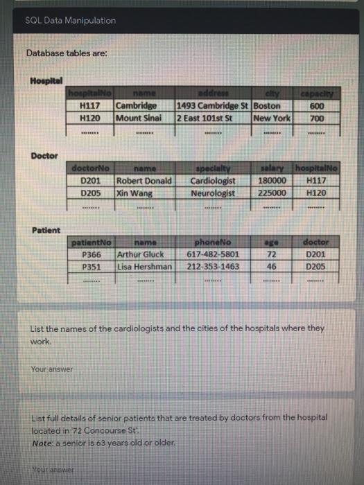 Solved SQL Data Manipulation Database tables are: Hospital | Chegg.com