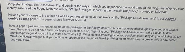 Complete "Privilege Self-Assessment" and consider the | Chegg.com